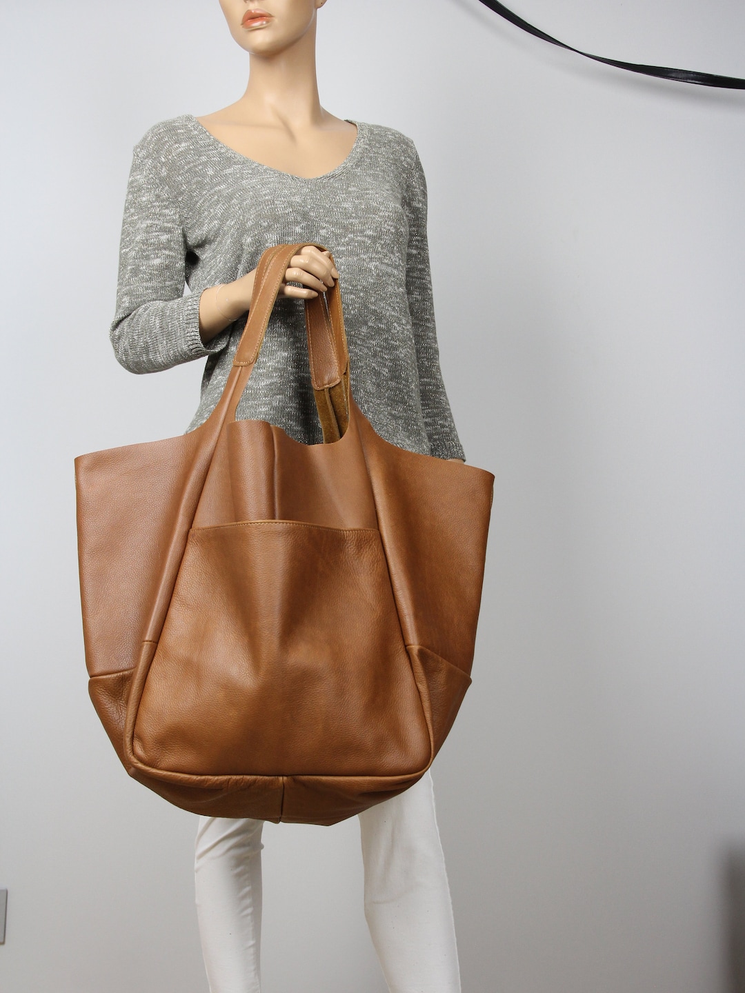 Elegant Leather Large Carryall, Oversized Tan Leather Bag, Large Tote ...