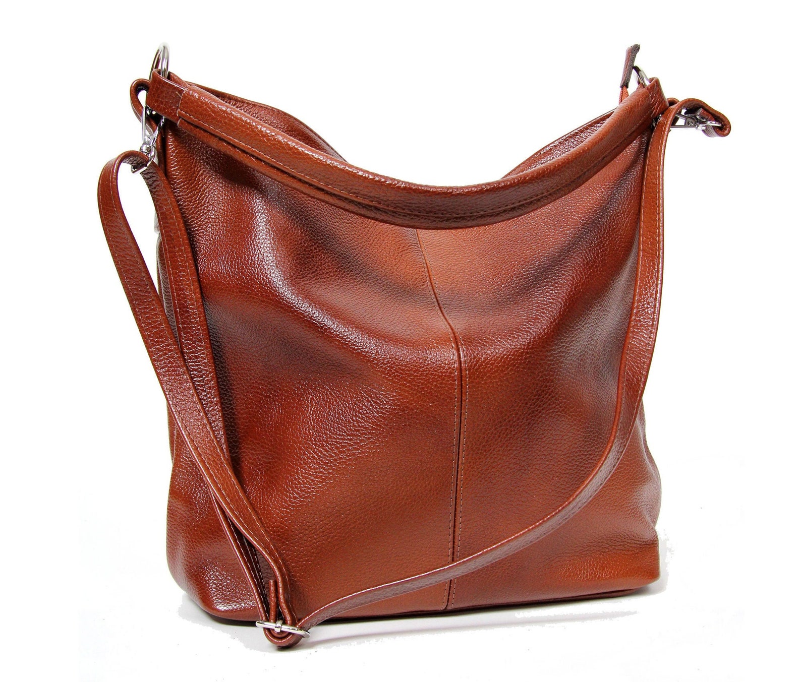 Cognac Brown Leather Handbag With Zipper Leather Shoulder Bag - Etsy