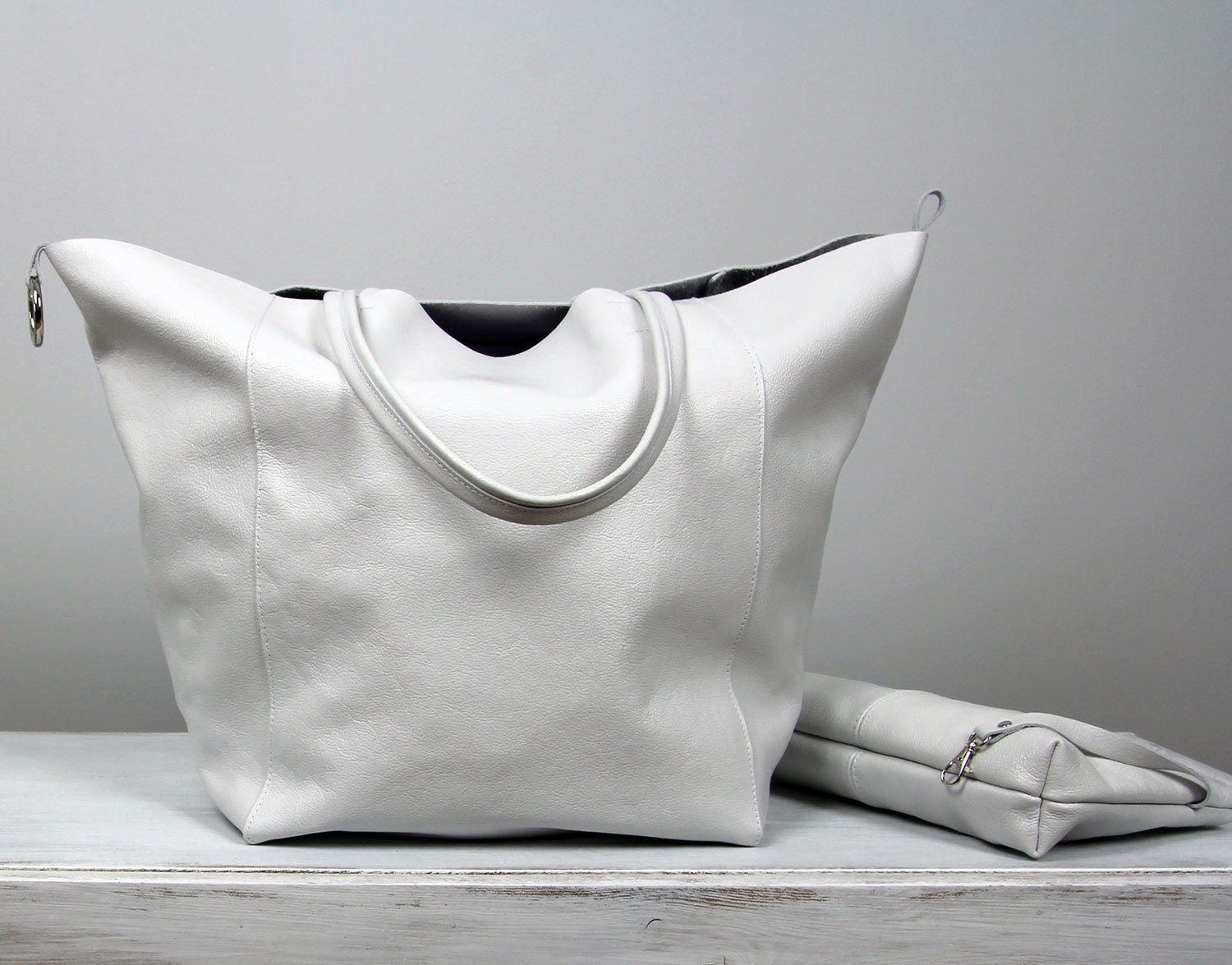 White Oversized Tote Bag Large Leather Shoulder Bag Large | Etsy