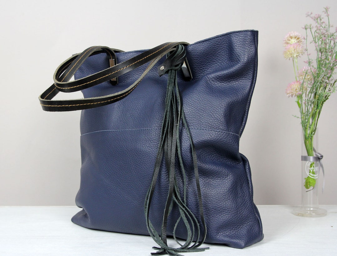 Large Leather Everyday Bag, Women's Leather Bag, Navy Blue Shoulder ...
