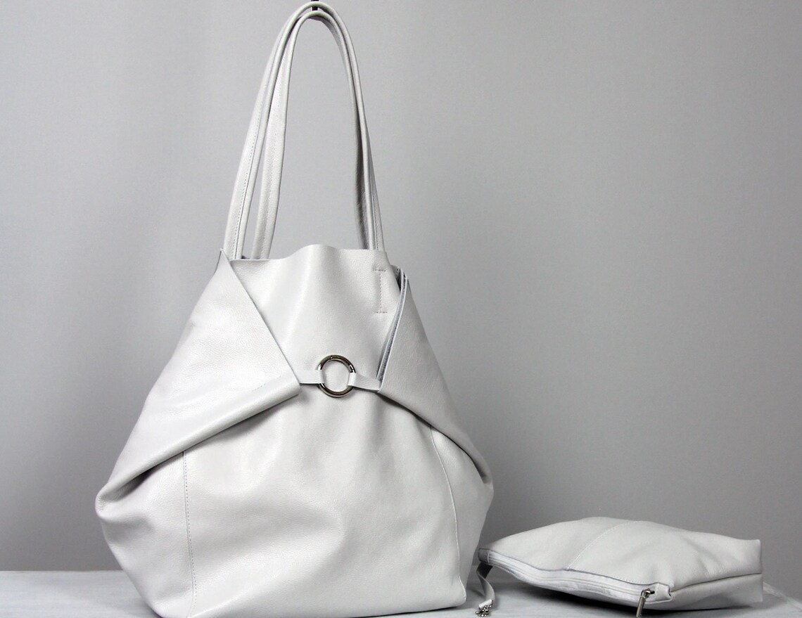 White Oversized Tote Bag Large Leather Shoulder Bag Large | Etsy