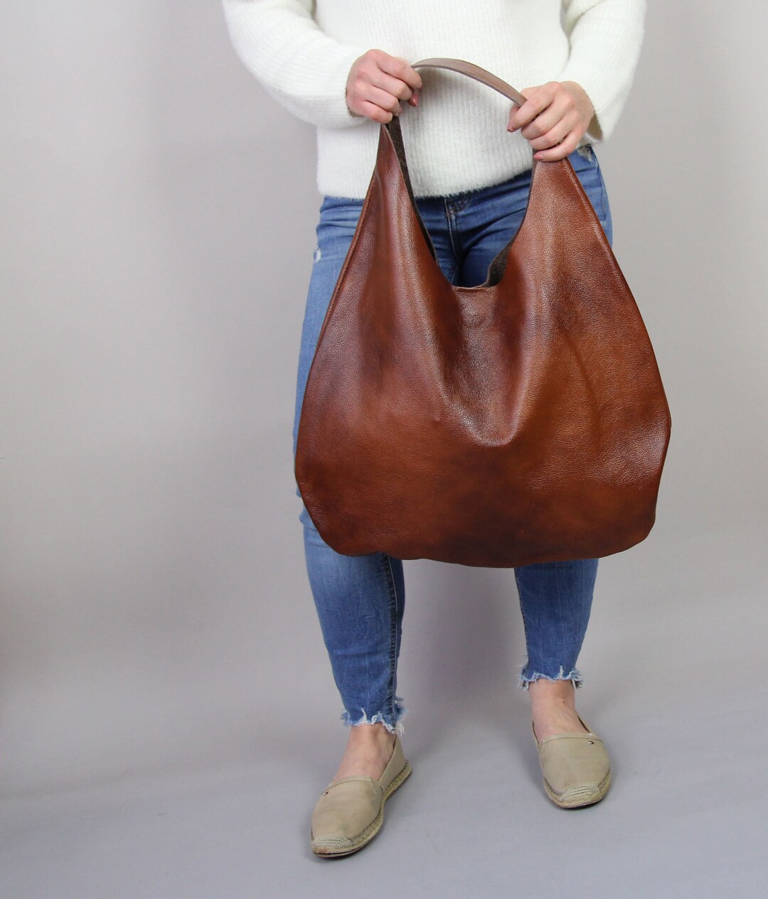 COGNAC BROWN LEATHER Hobo Bag, Modern Handbag for Women, Soft Chestnut ...