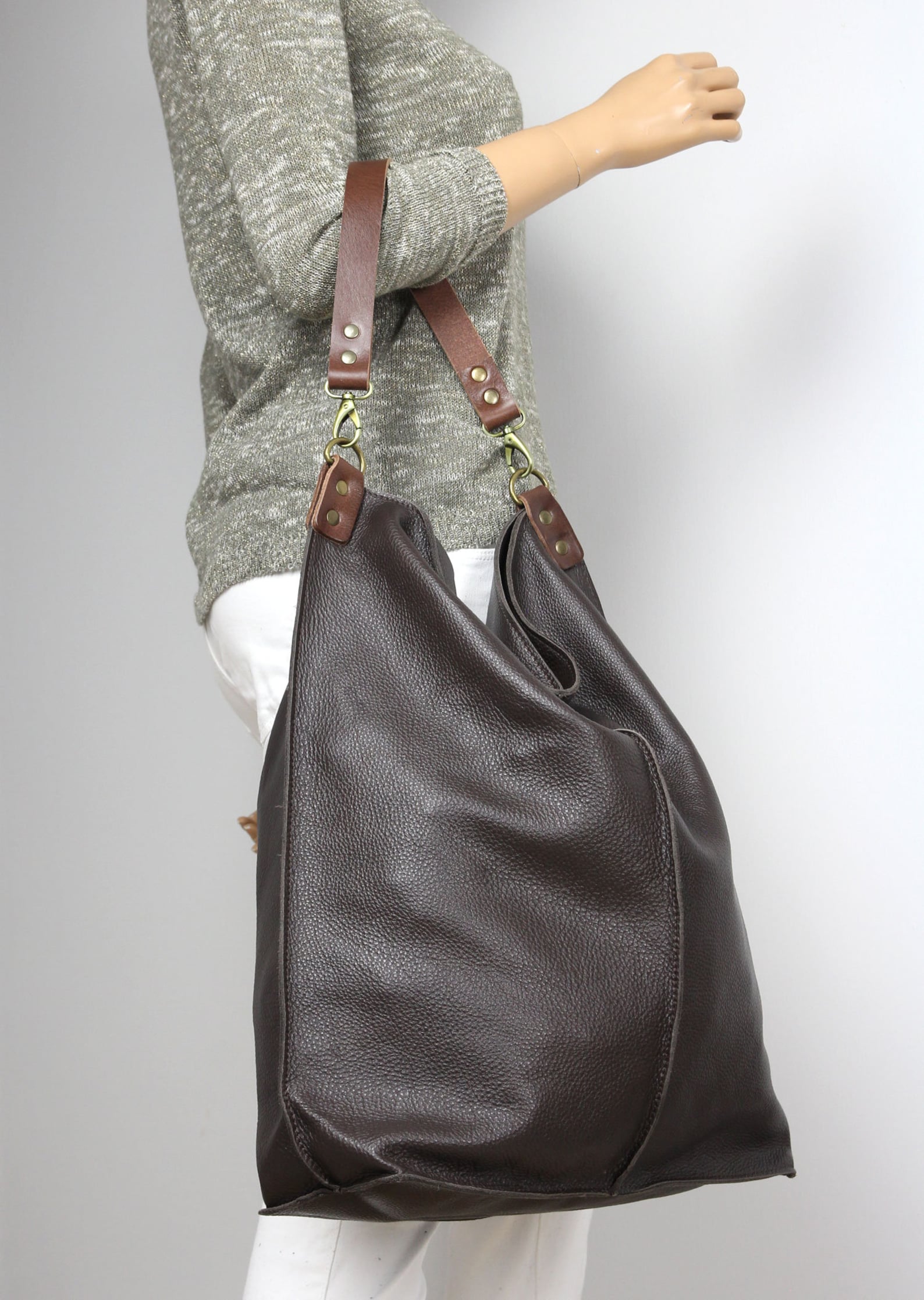 Dark Brown Leather Hobo Bag With Zipper - Everyday Shoulder Bag ...