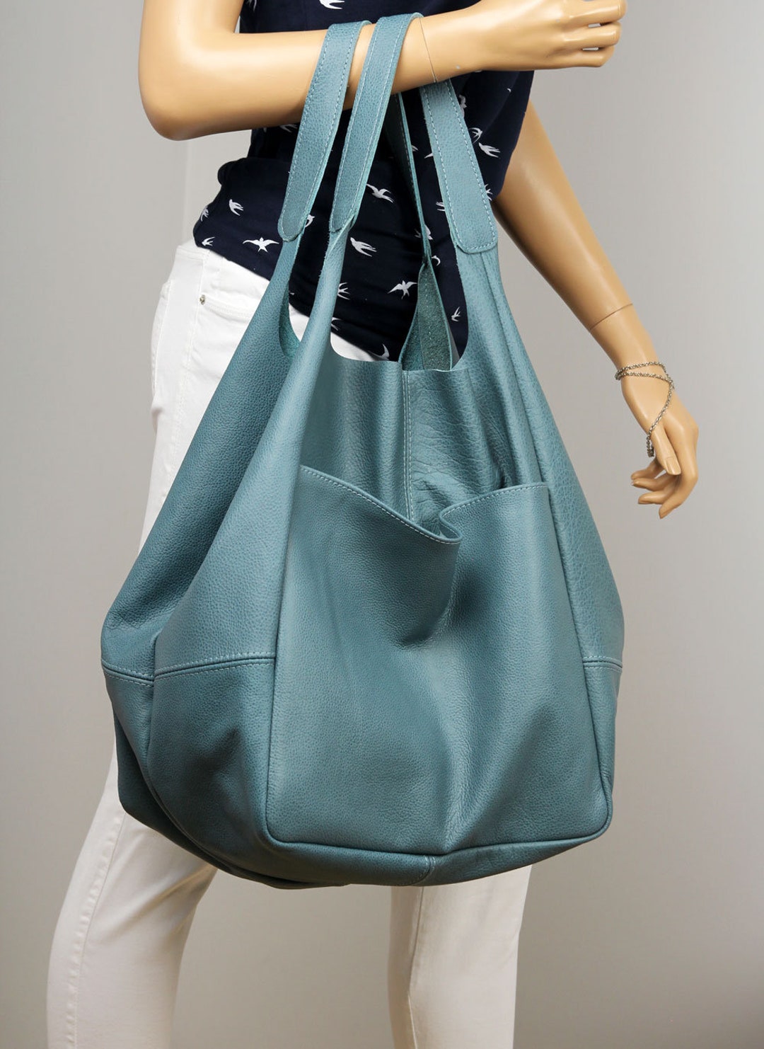 Oversized Leather Bag, Blue Oversized Shoulder Bag, Extra Large Leather ...