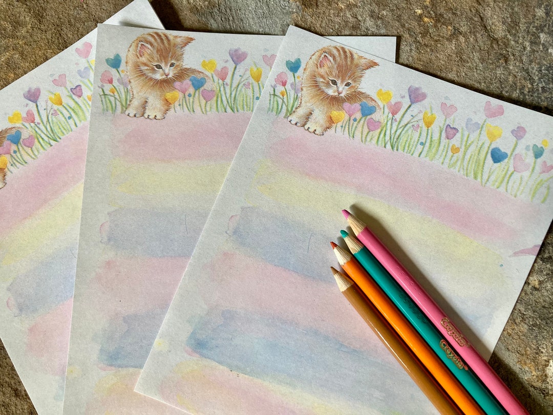 Vintage Rainbow Kitten Printable Stationery Paper, Instant Download ...