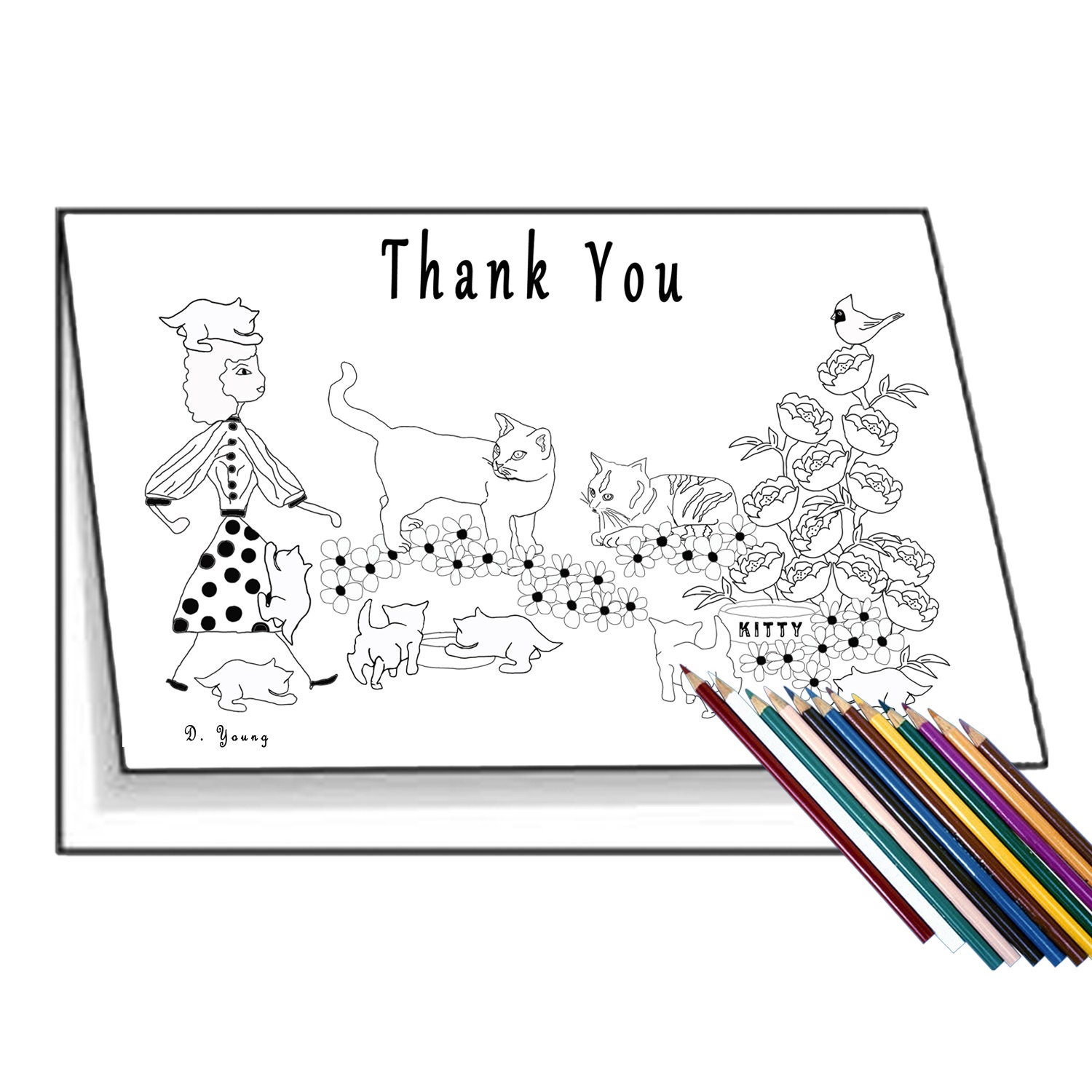 2 Cat Lady Cards to Color or Gift for Person Who Enjoys Coloring ...