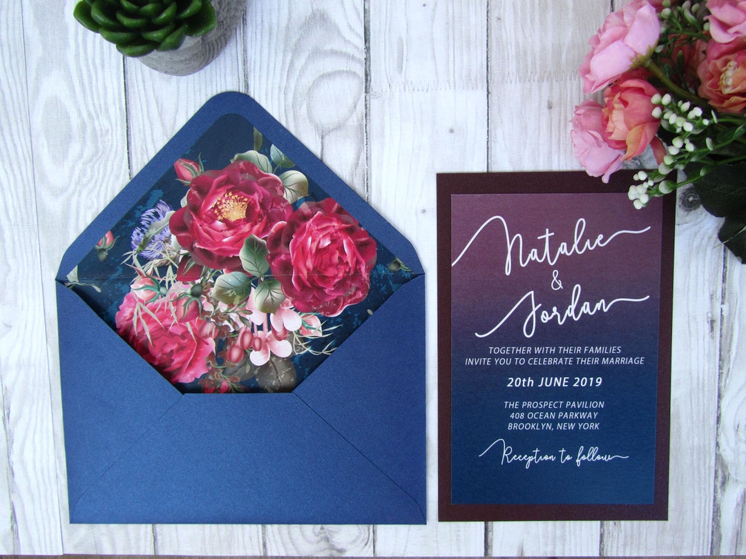 Marsala Roses Wedding Invitations, Burgundy and Navy Floral Wedding ...
