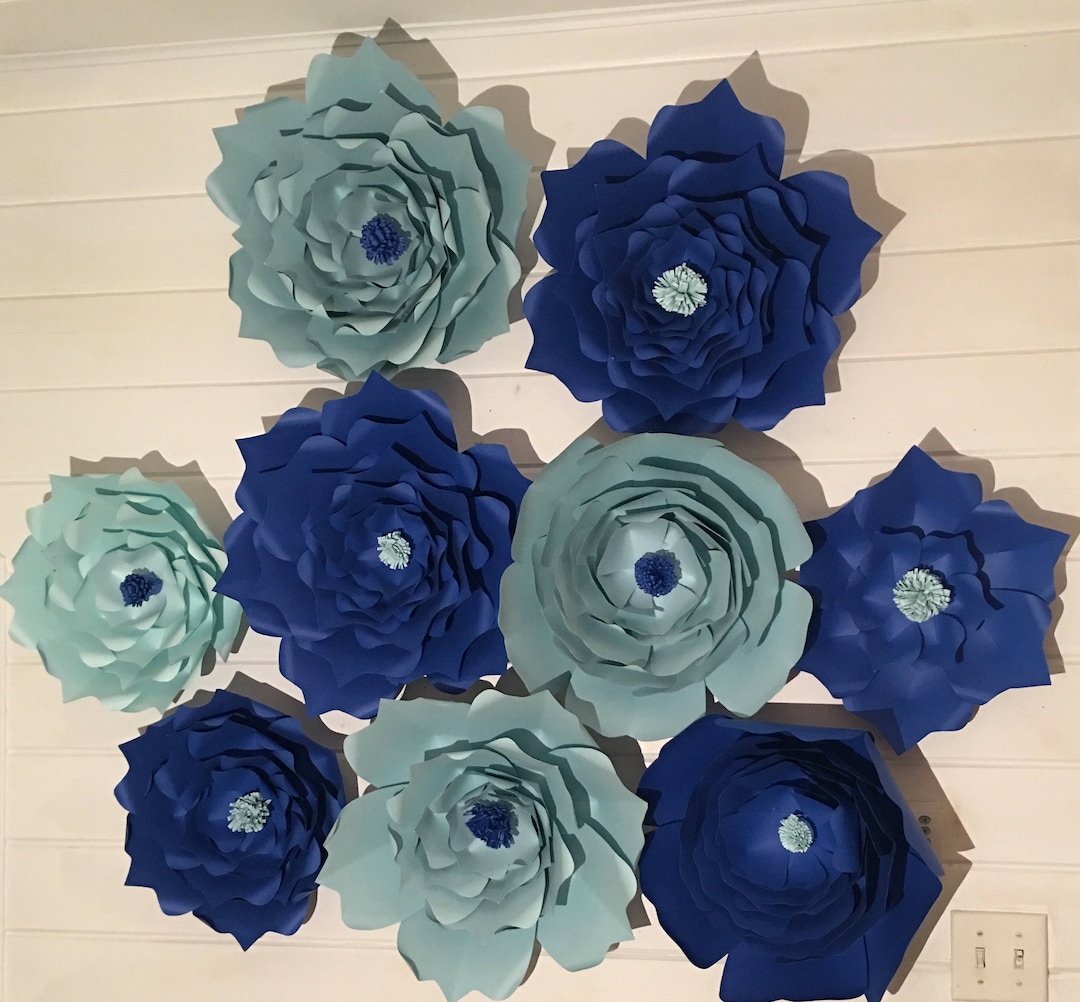 Set of 9 Shades of Blue Paper Flower Backdrop Large Paper Flowers Party ...