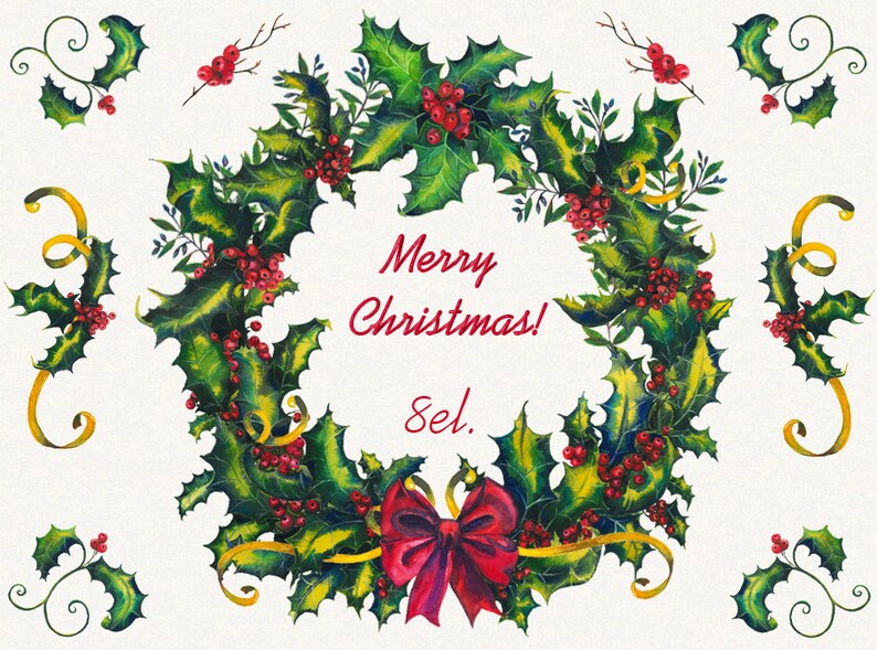 Christmas Clipart, Christmas Wreath, Winter Clipart, Holly Wreath, Hand ...