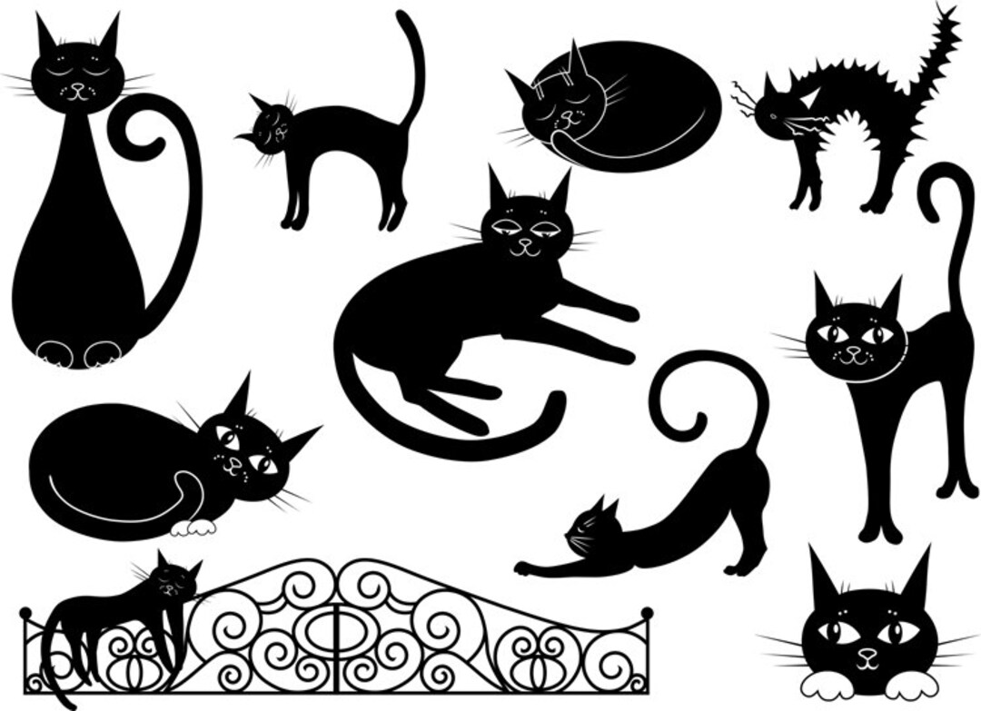 Сat Clipart, Black Cat Clipart, Vector Clipart, Cartoon, Digital ...