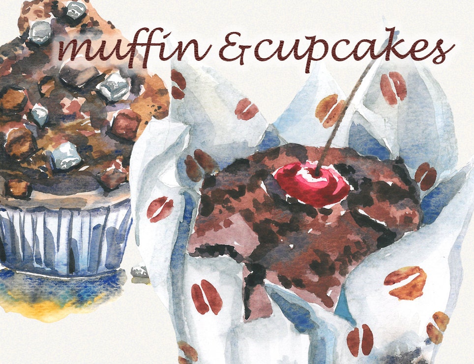 Muffin Clipart, Cake Clipart, Watercolor Cupcake Clipart, Cofee Clipart ...