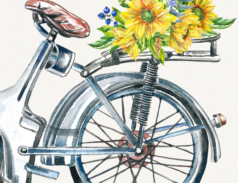 Bike Clipart, Garden Clipart, Sunflower Clipart, Watercolor Clipart ...
