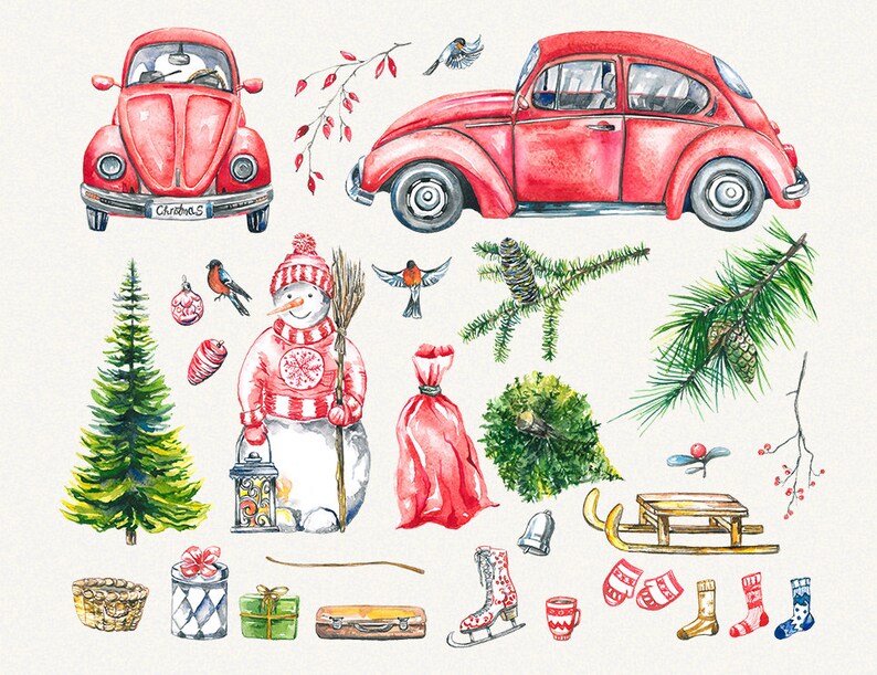 Christmas Clipart, Red Car, Old Car Clipart, New Year Clipart, Hand ...