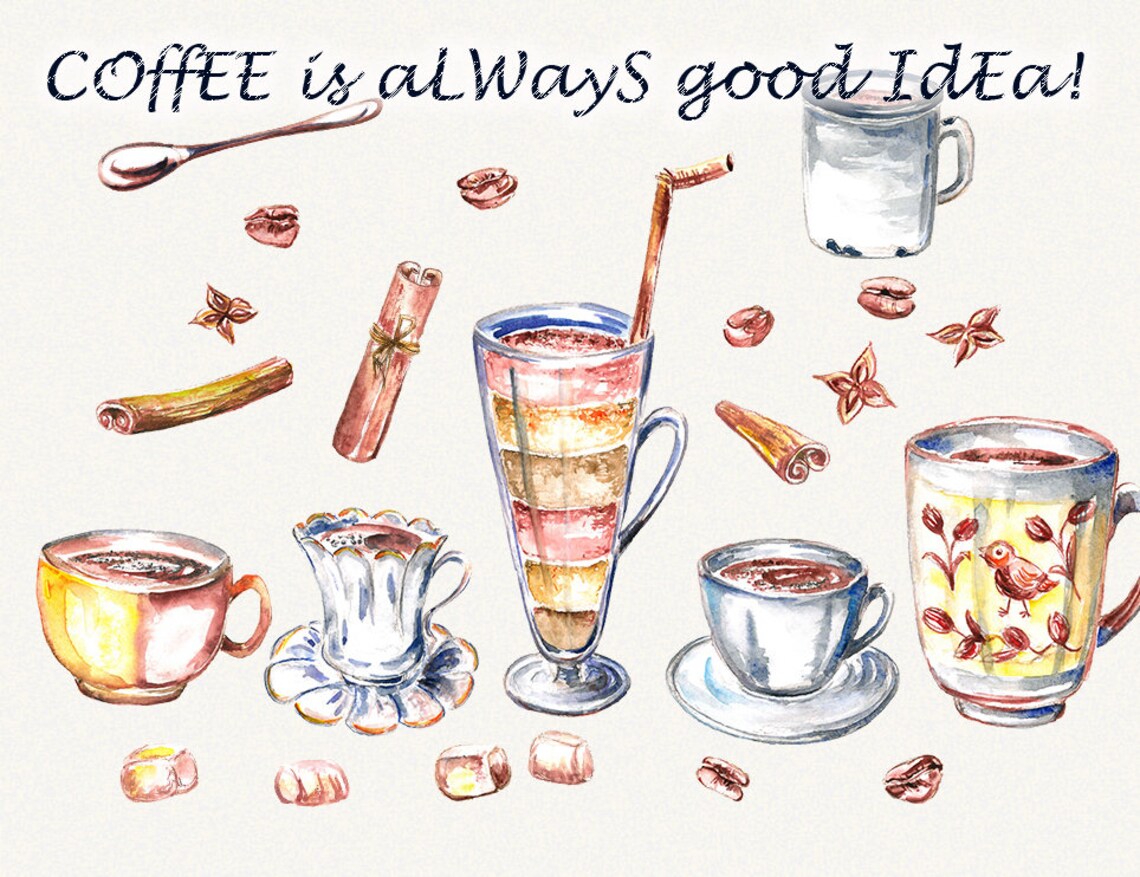 Coffee Clipart, Coffee Cup, Food Clipart, Watercolor Coffee, Dishes ...