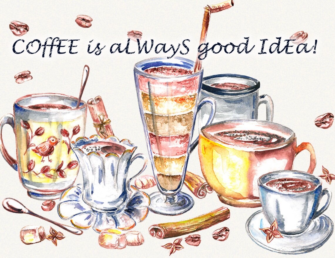 Coffee Clipart, Coffee Cup, Food Clipart, Watercolor Coffee, Dishes ...