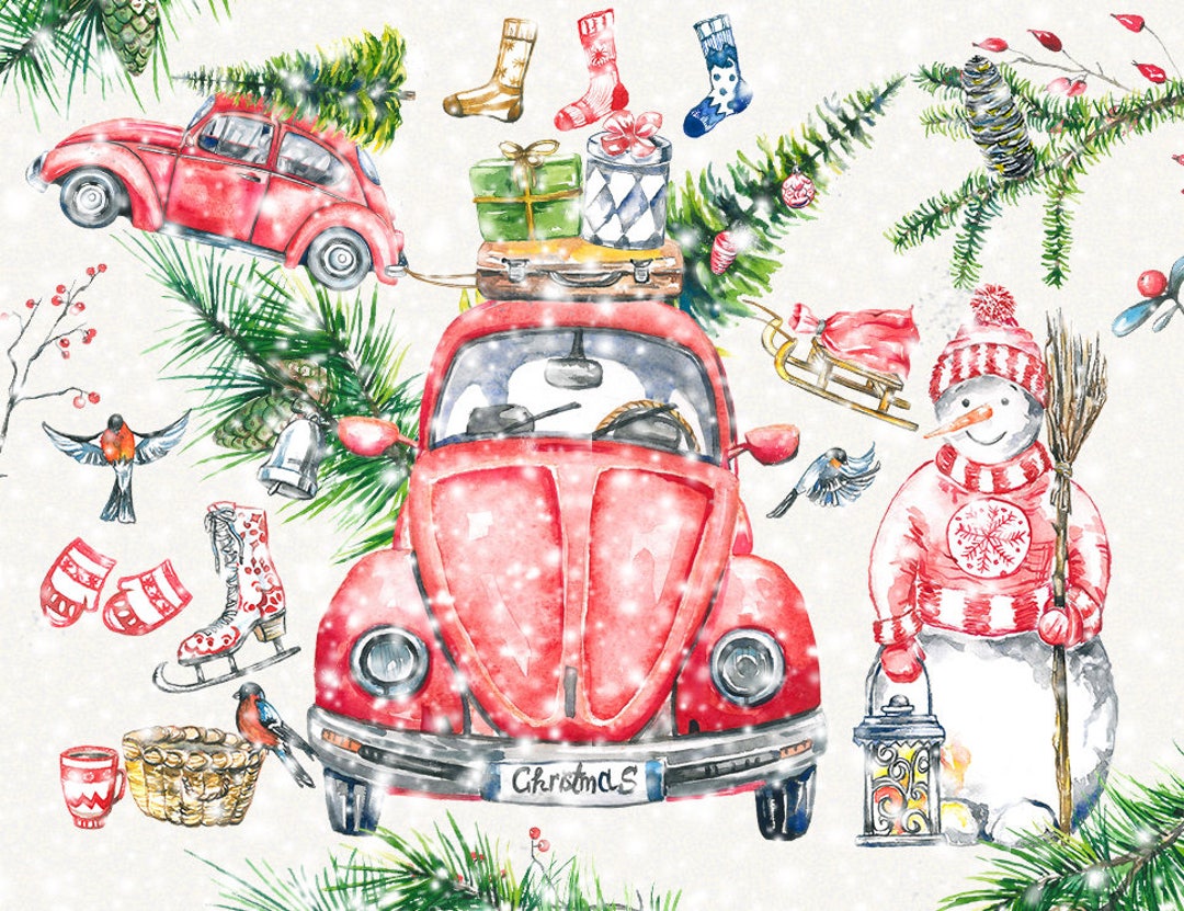 Christmas Clipart, Red Car, Old Car Clipart, New Year Clipart, Hand ...