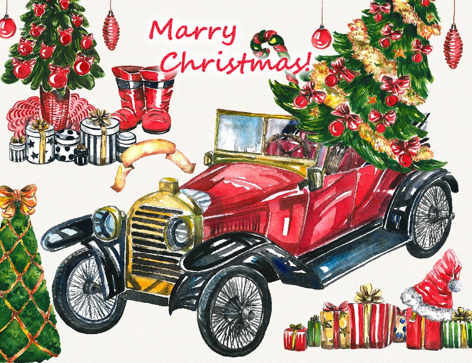 Christmas Clipart, Red Car,retro Car, Old Car Clipart, New Year Clipart ...