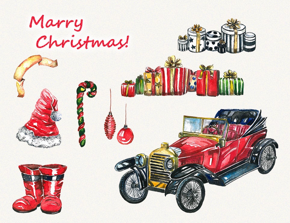 Christmas Clipart, Red Car,retro Car, Old Car Clipart, New Year Clipart ...