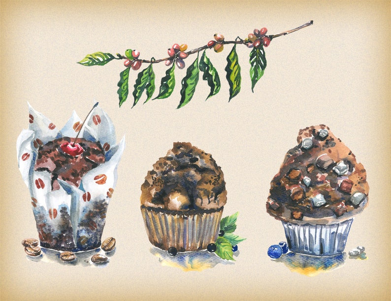 Muffin Clipart, Cake Clipart, Watercolor Cupcake Clipart, Cofee Clipart ...