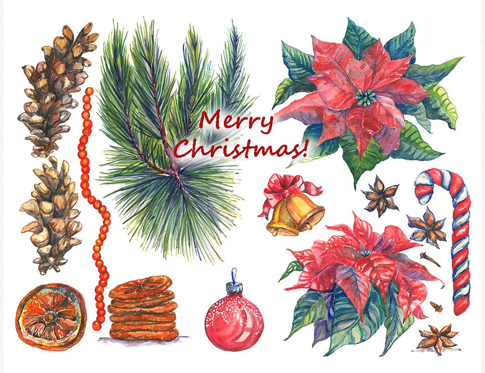 Christmas Watercolor Clipart, Winter Clipart, Hand Painted, Clip Art ...