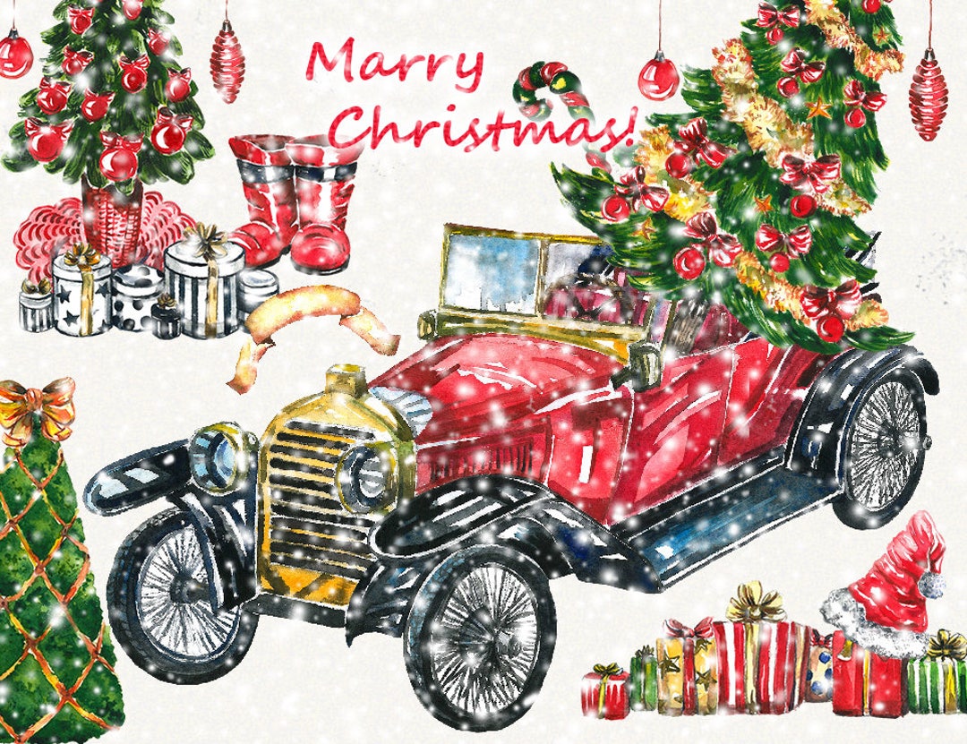 Christmas Clipart, Red Car,retro Car, Old Car Clipart, New Year Clipart ...