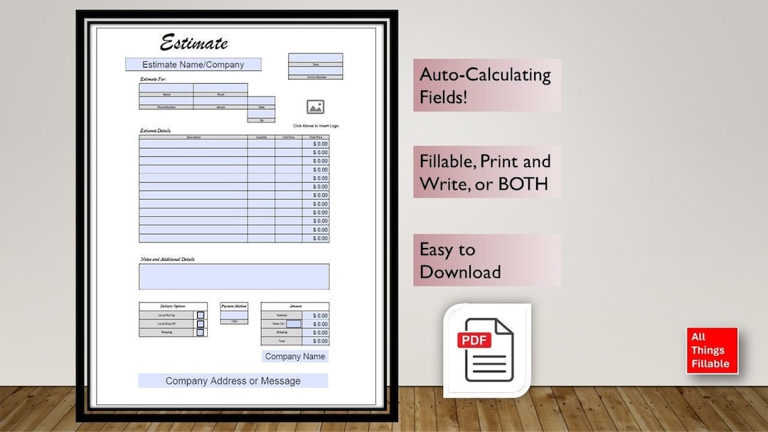 Fillable Estimate or Quote Form With Auto-calculating Forms. Small ...