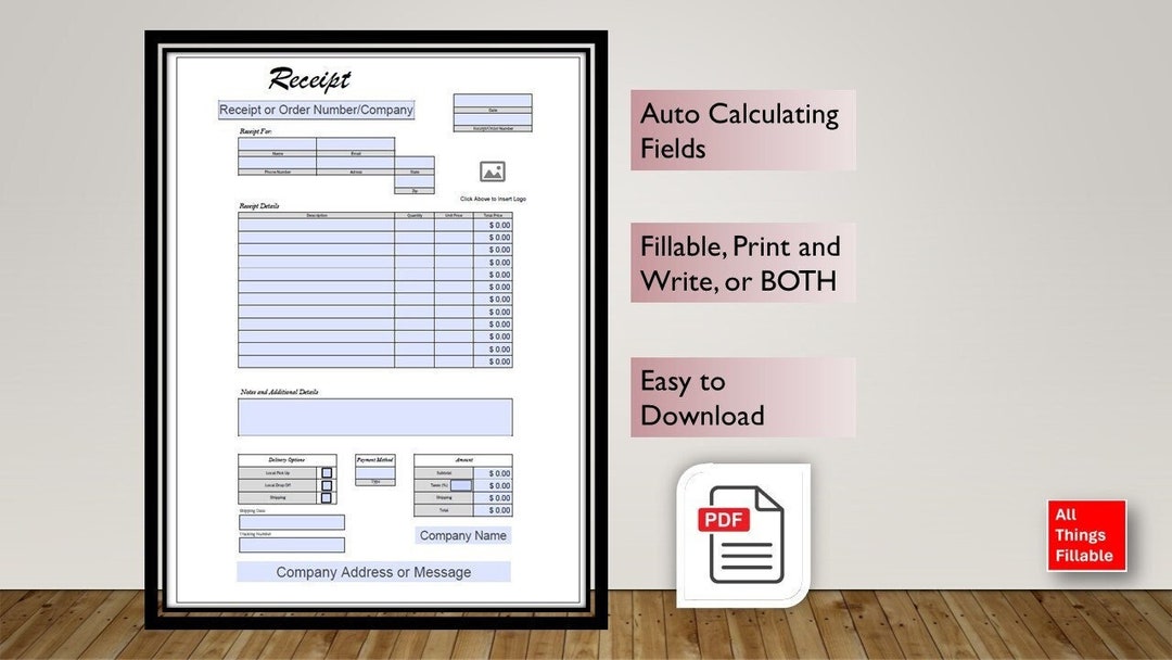 Fillable Receipt Form With Auto-calculating Fields. Fillable PDF for ...