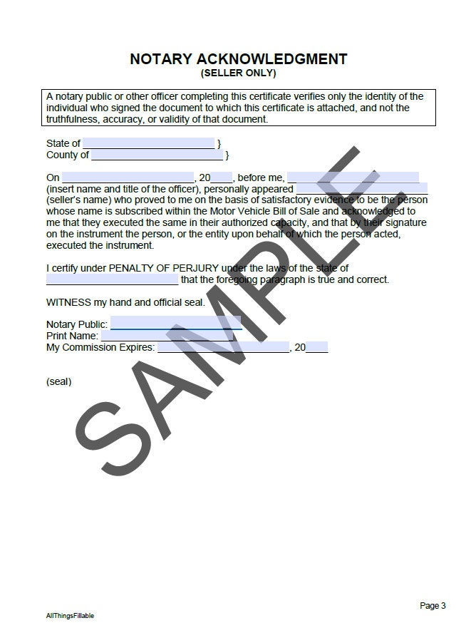 Fillable Motor Vehicle Bill of Sale With Notary Acknowledgement and ...