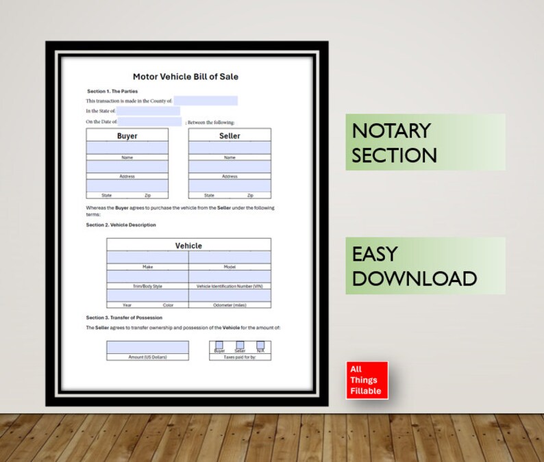Fillable Motor Vehicle Bill of Sale With Notary Acknowledgement and ...