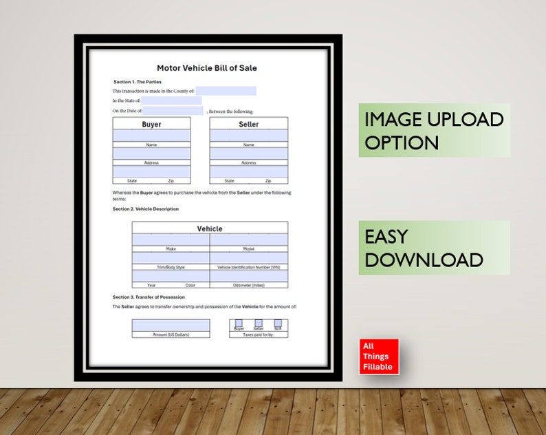 Fillable Motor Vehicle Bill of Sale: Easy Download or Print to Use ...