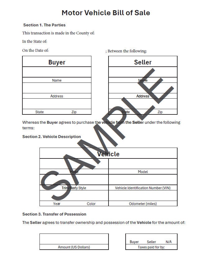 Fillable Motor Vehicle Bill of Sale With Notary Acknowledgement and ...