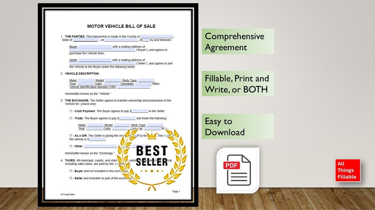 Fillable Vehicle Bill of Sale: Comprehensive Form (PDF) - Etsy
