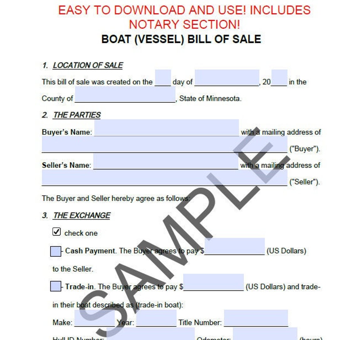 Boat Vessel Bill of Sale: Comprehensive With Notary (digital Download ...