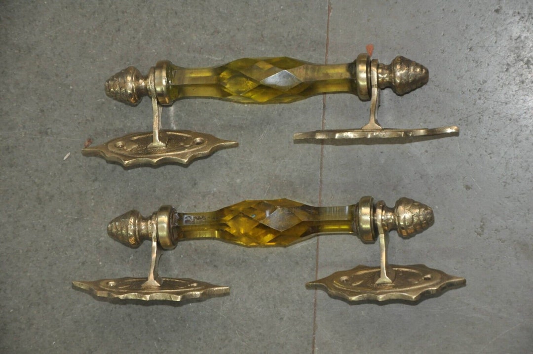 2 Pc Vintage Cut Glass & Brass Yellow Handcrafted Victorian Door Handle ...