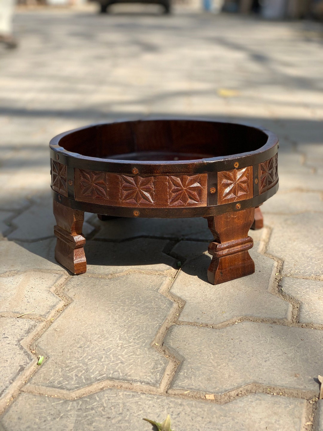 Wooden Indian Chakki Grinder Table, Engraved Distressed Finish Chakki ...
