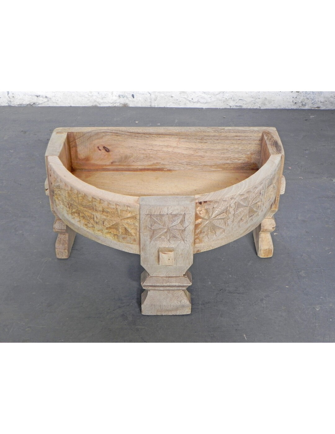 Wooden Indian Chakki Grinder Table, Engraved Distressed Finish Chakki ...