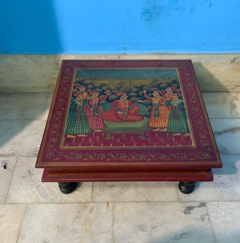 Wooden Mughal Painted Indian Low Stool/ Indian Bajot/ Wooden Chowki ...