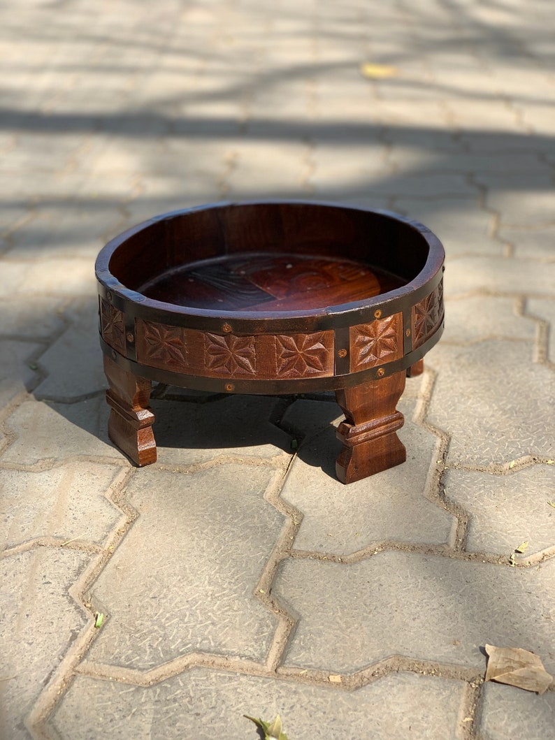 Wooden Indian Chakki Grinder Table, Engraved Distressed Finish Chakki ...