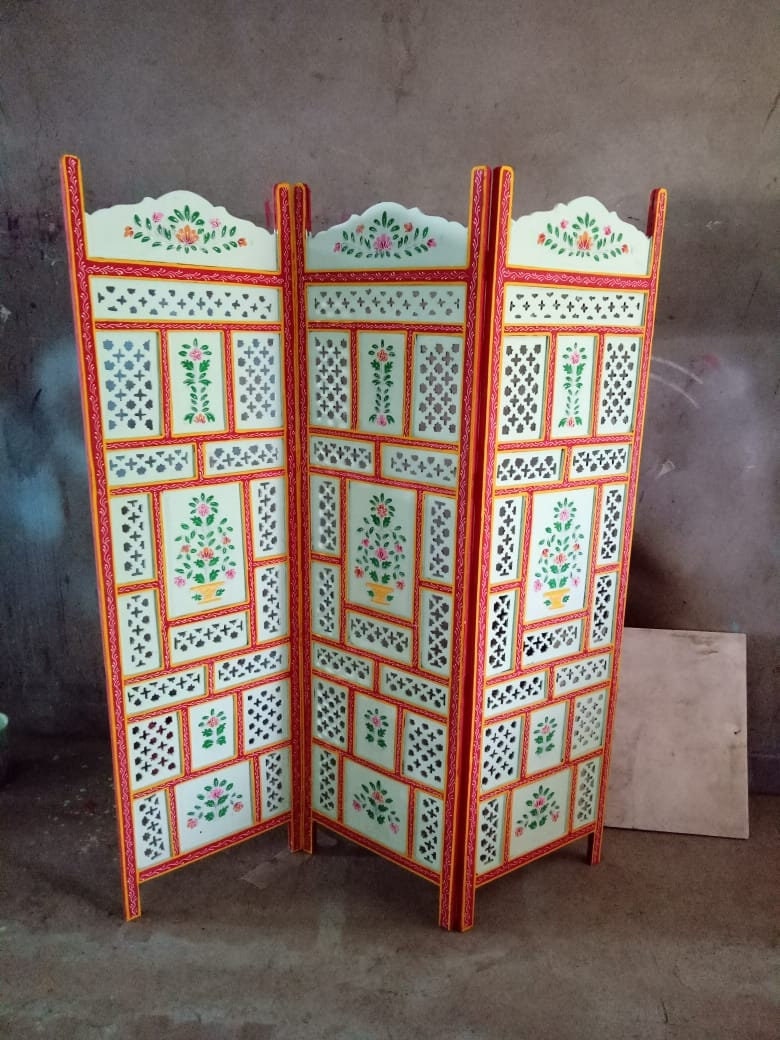 4 X Hand Carved Indian Partition Screen Room Divider Painted 3 Panel ...