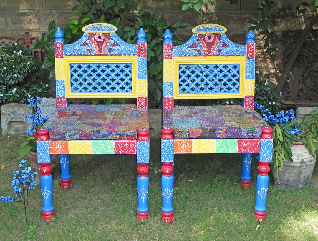 Wooden Hand Carved Indian Style Chair Set of 2, Indian Wooden Chair ...