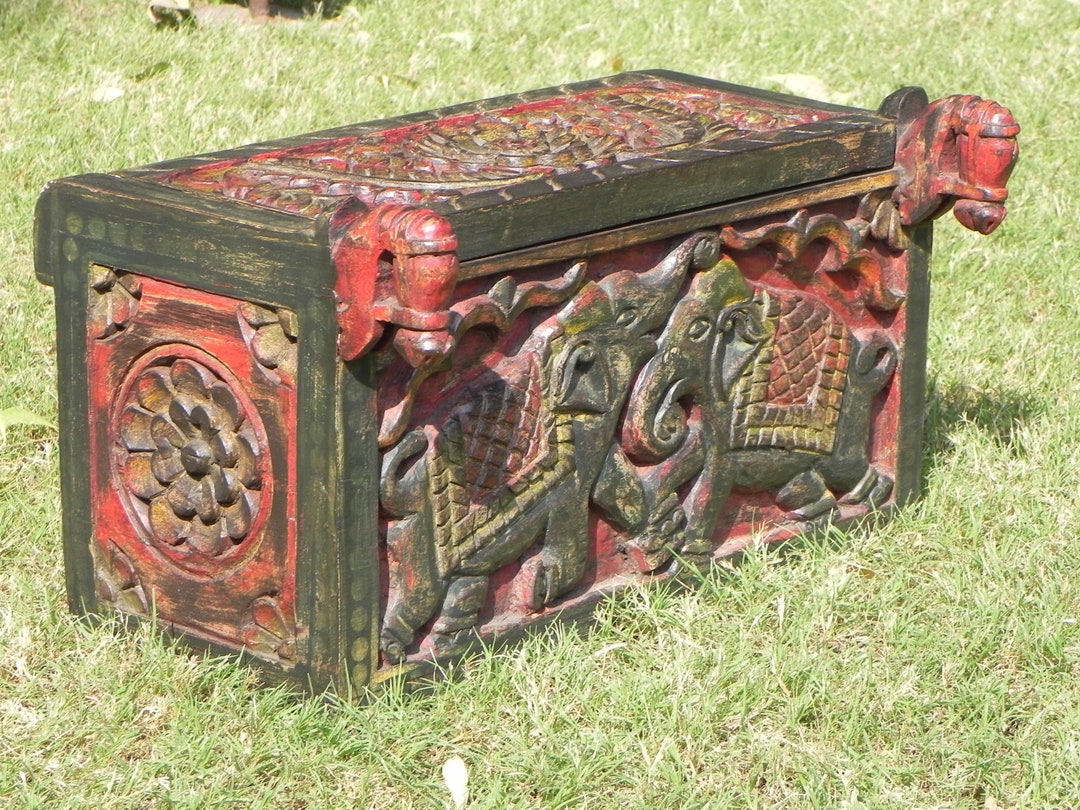 Vintage Indian Hand Carved Trunk Box, South Indian Box, Vintage Wooden ...