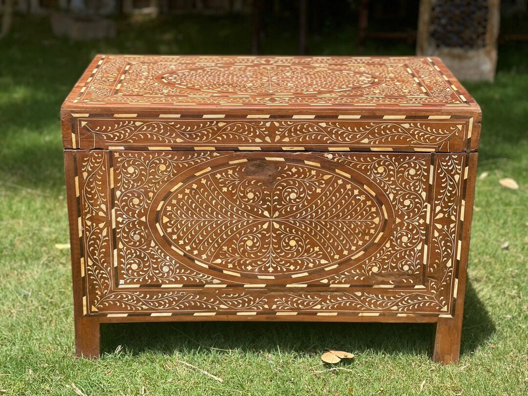 Vintage Wooden and Bone Chest/ Indian Wooden Hope Chest/ Wooden Wedding ...