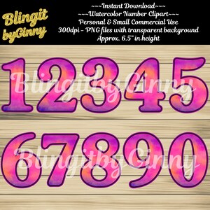 Number Clipart, Watercolor Graphics, Pink and Purple Graphical Design ...