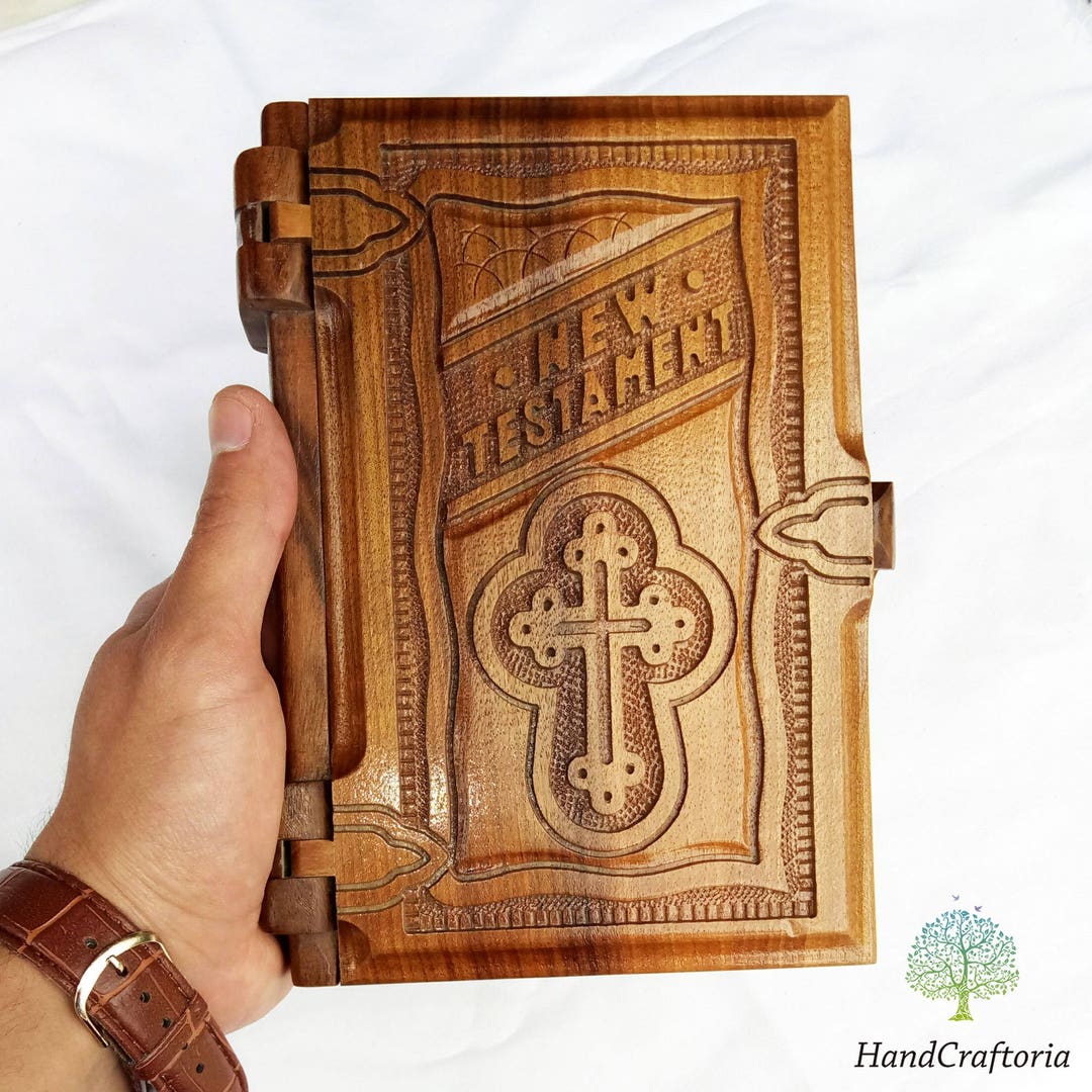 Hand Carved Walnut Wood New Testament Contemporary English Version 7.7 ...