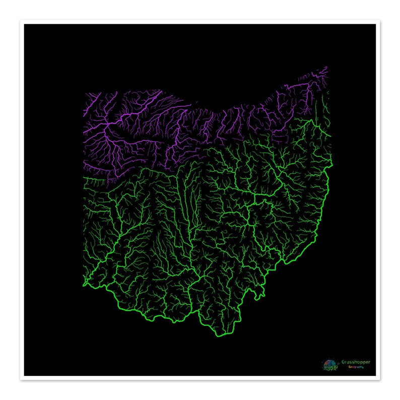 Ohio - River Basin Map, Rainbow on Black - Fine Art Print - Etsy Australia