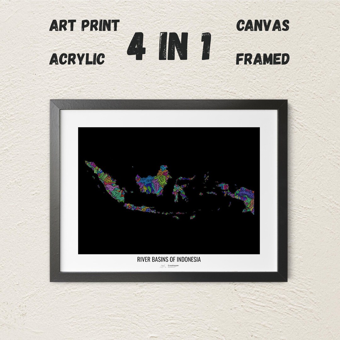Indonesia - River Basin Map, Rainbow Colours - Wall Art - Etsy