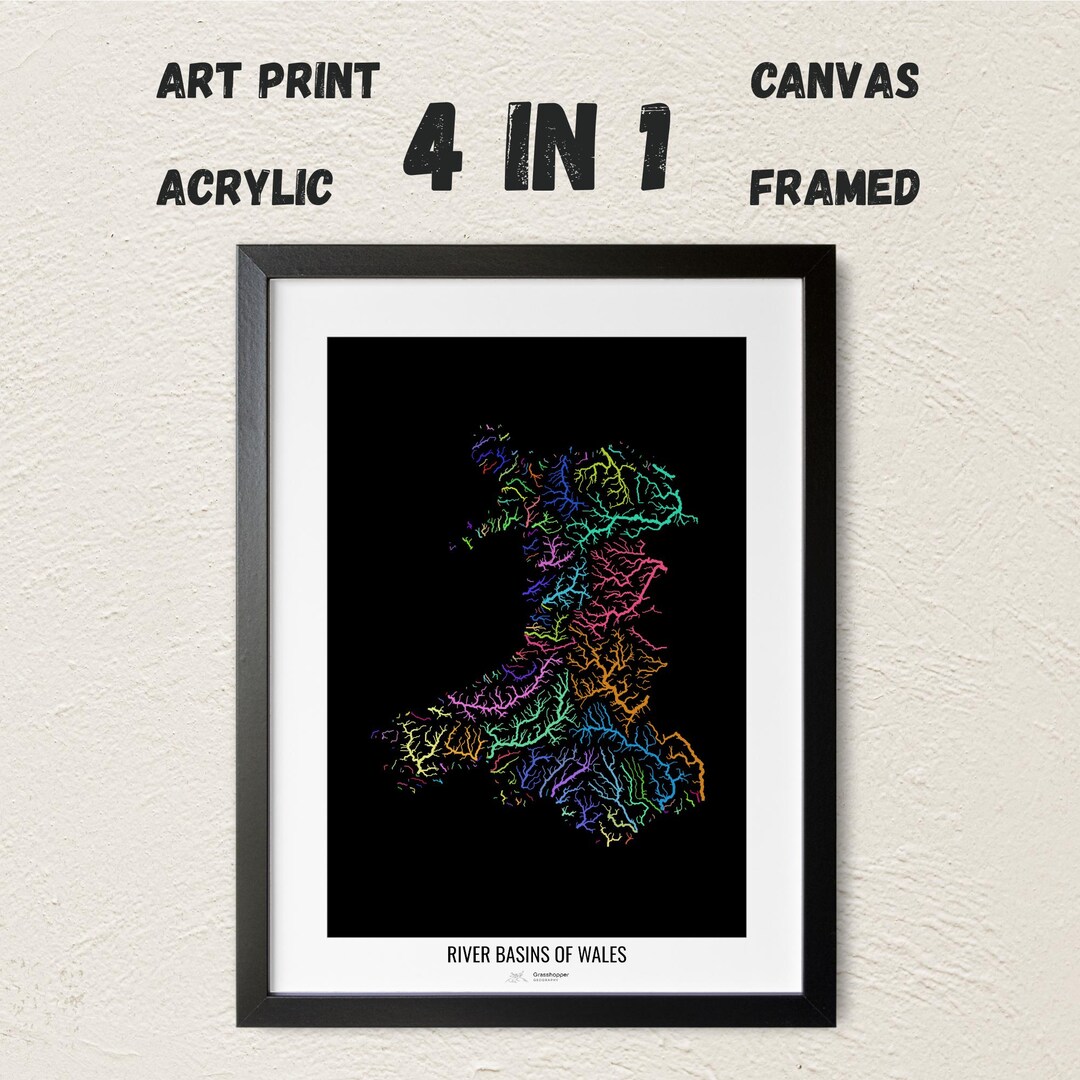 Wales - River Basin Map, Rainbow Colours - Wall Art - Etsy