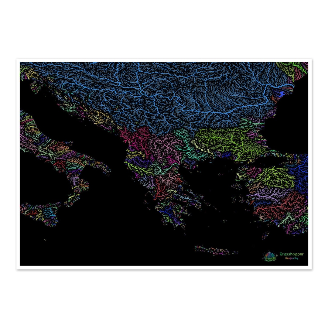 The Balkans - River Basin Map, Rainbow on Black - Fine Art Print - Etsy