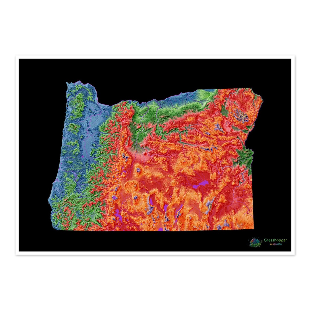 Oregon - Elevation Map, Black - Fine Art Print - Etsy