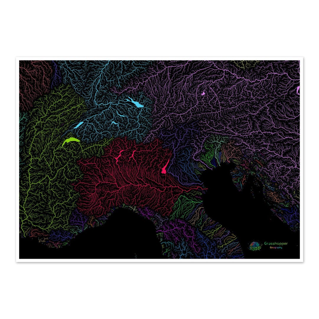 The Alps - River Basin Map, Rainbow on Black - Fine Art Print - Etsy